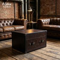 China Vintage Brown Leather Trunk Coffee Table 2-Drawer Storage Nightstand with Black Velvet Lining Retro Campaign Style End Table for sale