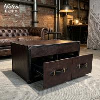 China Vintage Brown Leather Trunk Coffee Table 2-Drawer Storage Nightstand with Black Velvet Lining Retro Campaign Style End Table for sale