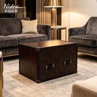 China Vintage Brown Leather Trunk Coffee Table 2-Drawer Storage Nightstand with Black Velvet Lining Retro Campaign Style End Table for sale