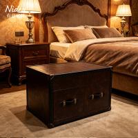 China Vintage Brown Leather Trunk Coffee Table 2-Drawer Storage Nightstand with Black Velvet Lining Retro Campaign Style End Table for sale
