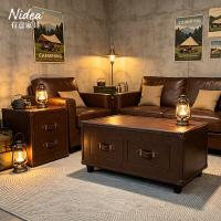 China Vintage Brown Leather Trunk Furniture Set Handmade Durable Minimalist Campaign Storage Coffee Table and 2-Drawer End Table for sale