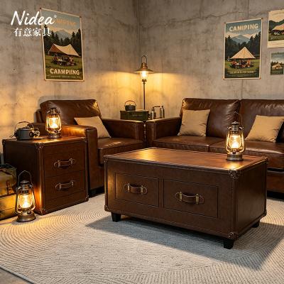 China Vintage Brown Leather Trunk Furniture Set Handmade Durable Minimalist Campaign Storage Coffee Table and 2-Drawer End Table for sale