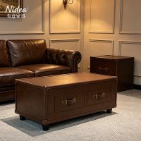China Vintage Brown Leather Trunk Furniture Set Handmade Durable Minimalist Campaign Storage Coffee Table and 2-Drawer End Table for sale