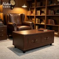 China Vintage Brown Leather Trunk Furniture Set Handmade Durable Minimalist Campaign Storage Coffee Table and 2-Drawer End Table for sale