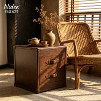 China Vintage Brown Leather Trunk Furniture Set Handmade Durable Minimalist Campaign Storage Coffee Table and 2-Drawer End Table for sale