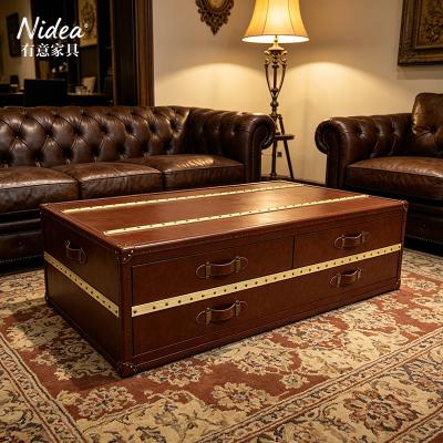 China Vintage Brown Leather Trunk Coffee Table 3-Drawer Industrial Storage Chest Campaign Style Retro Living Room Furniture Handmade for sale