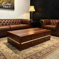 China Vintage Brown Leather Trunk Coffee Table 3-Drawer Industrial Storage Chest Campaign Style Retro Living Room Furniture Handmade for sale