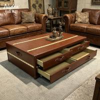 China Vintage Brown Leather Trunk Coffee Table 3-Drawer Industrial Storage Chest Campaign Style Retro Living Room Furniture Handmade for sale