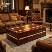 China Vintage Brown Leather Trunk Coffee Table 3-Drawer Industrial Storage Chest Campaign Style Retro Living Room Furniture Handmade for sale