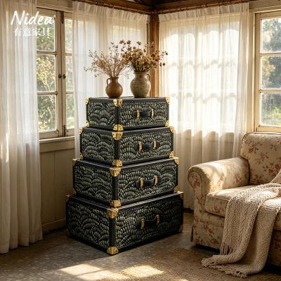 China Modular Stackable Chest of Drawers 4-Tier Decorative Storage Cabinet Fabric/Leather Trunk Style Nightstand for Living Room for sale