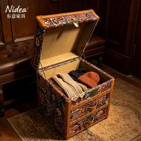 China Bohemian Vintage Fabric Storage Trunk Decorative Lift-Top Blanket Box Retro Tribal Style Chest for Living Room Bedroom Furniture for sale