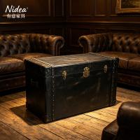 China Vintage Distressed Leather Trunk Coffee Table Industrial Lift-Top Storage Chest Antique Brass Hardware Campaign Box for sale