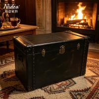 China Vintage Distressed Leather Trunk Coffee Table Industrial Lift-Top Storage Chest Antique Brass Hardware Campaign Box for sale