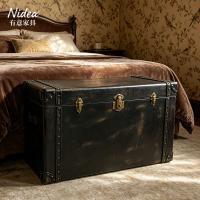 China Vintage Distressed Leather Trunk Coffee Table Industrial Lift-Top Storage Chest Antique Brass Hardware Campaign Box for sale