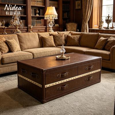 China Vintage Brown Leather Trunk Coffee Table with 3 Storage Drawers Campaign Style Center Table with Wood Slats Club Bar Living Room for sale