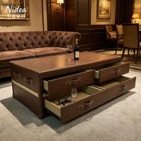China Vintage Brown Leather Trunk Coffee Table with 3 Storage Drawers Campaign Style Center Table with Wood Slats Club Bar Living Room for sale