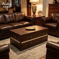 China Vintage Brown Leather Trunk Coffee Table with 3 Storage Drawers Campaign Style Center Table with Wood Slats Club Bar Living Room for sale