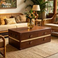 China Vintage Brown Leather Trunk Coffee Table with 3 Storage Drawers Campaign Style Center Table with Wood Slats Club Bar Living Room for sale