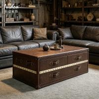 China Vintage Brown Leather Trunk Coffee Table with 3 Storage Drawers Campaign Style Center Table with Wood Slats Club Bar Living Room for sale