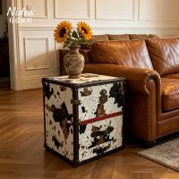 China Western Rustic Cowhide Print Square Trunk End Table Faux Fur Storage Side Cabinet with Drawer Club Bar Living Room for sale