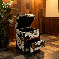 China Western Rustic Cowhide Print Square Trunk End Table Faux Fur Storage Side Cabinet with Drawer Club Bar Living Room for sale