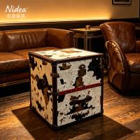 China Western Rustic Cowhide Print Square Trunk End Table Faux Fur Storage Side Cabinet with Drawer Club Bar Living Room for sale