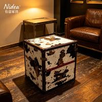 China Western Rustic Cowhide Print Square Trunk End Table Faux Fur Storage Side Cabinet with Drawer Club Bar Living Room for sale