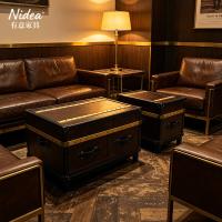 China Vintage Brown Leather Handmade Trunk Coffee Table and End Table Set with Brass Strips and Storage Drawers for Living Room for sale