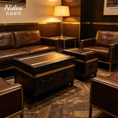 China Vintage Brown Leather Handmade Trunk Coffee Table and End Table Set with Brass Strips and Storage Drawers for Living Room for sale