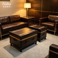 China Vintage Brown Leather Handmade Trunk Coffee Table and End Table Set with Brass Strips and Storage Drawers for Living Room for sale