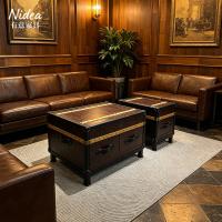 China Vintage Brown Leather Handmade Trunk Coffee Table and End Table Set with Brass Strips and Storage Drawers for Living Room for sale