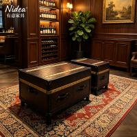 China Vintage Brown Leather Handmade Trunk Coffee Table and End Table Set with Brass Strips and Storage Drawers for Living Room for sale