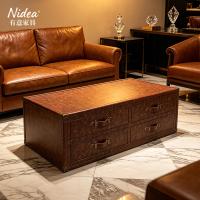 China Black Leather Trunk Coffee Table Vintage Campaign Center Table with 4 Storage Drawers and Brass Corners for sale