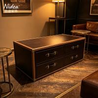 China Black Leather Trunk Coffee Table Vintage Campaign Center Table with 4 Storage Drawers and Brass Corners for sale