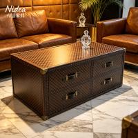 China Black Leather Trunk Coffee Table Vintage Campaign Center Table with 4 Storage Drawers and Brass Corners for sale