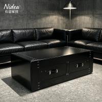 China Modern Black Metal Trunk Coffee Table, Minimalist Industrial 2-Drawer Storage Center Table with Rivet Detail for sale