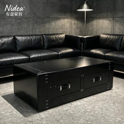 China Modern Black Metal Trunk Coffee Table, Minimalist Industrial 2-Drawer Storage Center Table with Rivet Detail for sale