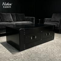 China Modern Black Metal Trunk Coffee Table, Minimalist Industrial 2-Drawer Storage Center Table with Rivet Detail for sale