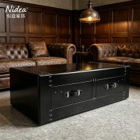 China Modern Black Metal Trunk Coffee Table, Minimalist Industrial 2-Drawer Storage Center Table with Rivet Detail for sale