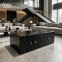 China Modern Black Metal Trunk Coffee Table, Minimalist Industrial 2-Drawer Storage Center Table with Rivet Detail for sale