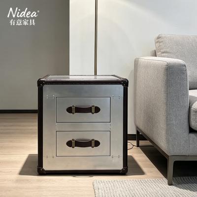 China Industrial Aviator Aluminum Nightstand 2-Drawer Metal Bedside Table with Vintage Leather Trim Retro Riveted End Table for sale