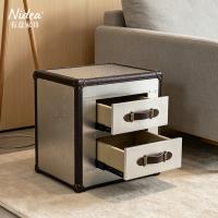 China Industrial Aviator Aluminum Nightstand 2-Drawer Metal Bedside Table with Vintage Leather Trim Retro Riveted End Table for sale