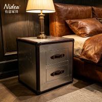 China Industrial Aviator Aluminum Nightstand 2-Drawer Metal Bedside Table with Vintage Leather Trim Retro Riveted End Table for sale