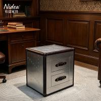 China Industrial Aviator Aluminum Nightstand 2-Drawer Metal Bedside Table with Vintage Leather Trim Retro Riveted End Table for sale