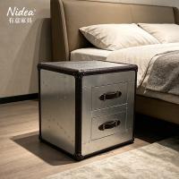 China Industrial Aviator Aluminum Nightstand 2-Drawer Metal Bedside Table with Vintage Leather Trim Retro Riveted End Table for sale
