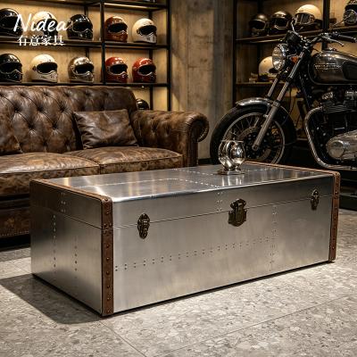 China Industrial Aviator Aluminum Coffee Table Vintage Riveted Metal Storage Trunk Chest Lift-Top Industrial Style Living Room Table for sale