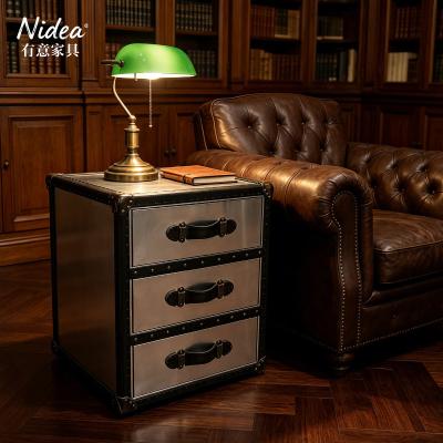 China Industrial Aviator Aluminum Nightstand 3-Drawer Storage Cabinet Metal Riveted Bedside Table Modern Retro Bedroom Furniture for sale