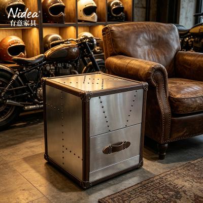 China Industrial Aviator Aluminum Nightstand 1-Drawer Side Table Retro Riveted Metal Bedside Cabinet Modern Luxury Storage Table for sale