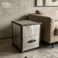 China Industrial Aviator Aluminum Nightstand 1-Drawer Side Table Retro Riveted Metal Bedside Cabinet Modern Luxury Storage Table for sale