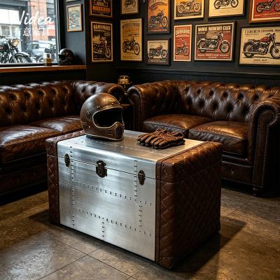 China Luxury Aviation Aluminum Storage Trunk with Quilted Leather Sides Industrial Style Lift-Top Coffee Table Vintage Chest for sale